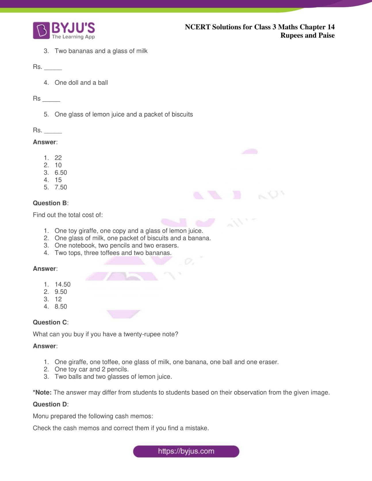 NCERT Solutions Class 3 Maths Chapter 14 Rupees and Paise - PDF