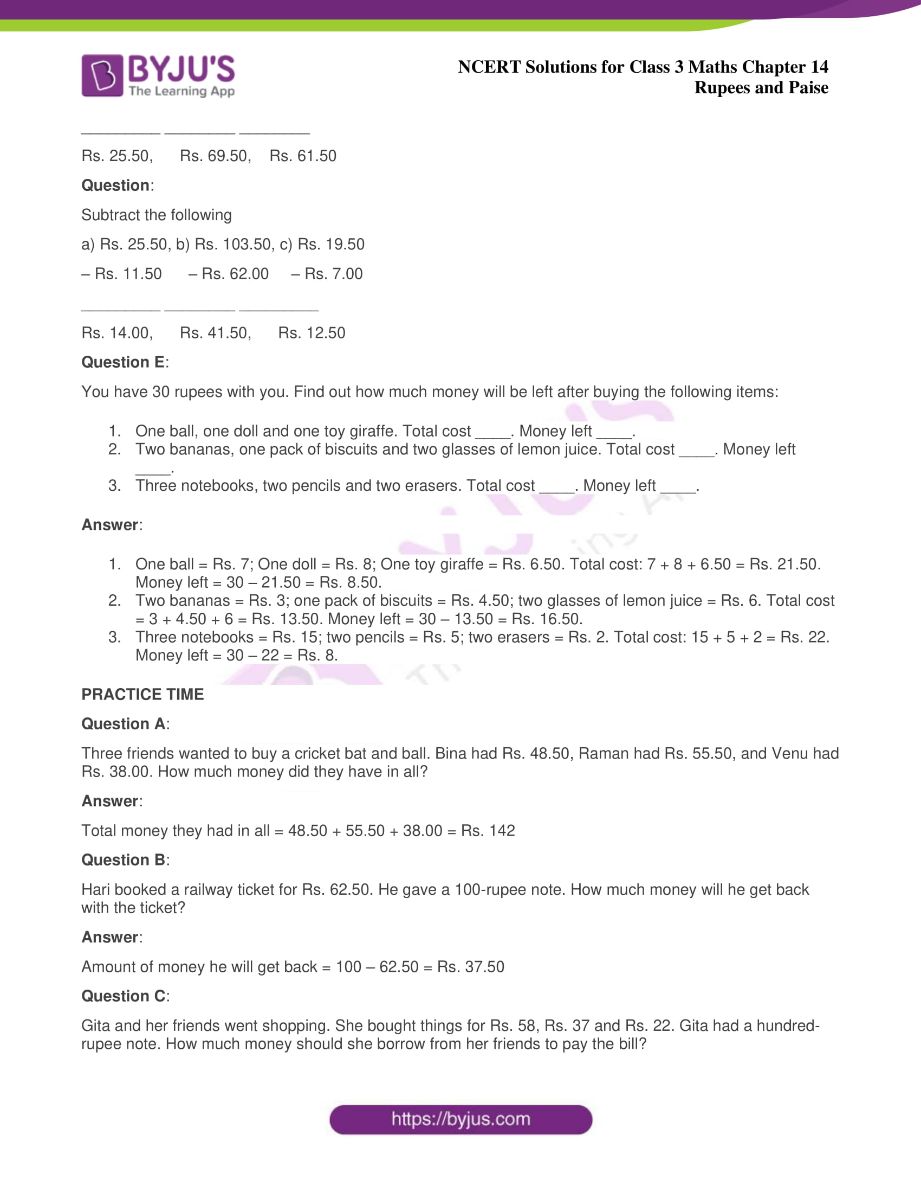 NCERT Solutions Class 3 Maths Chapter 14 Rupees and Paise - PDF