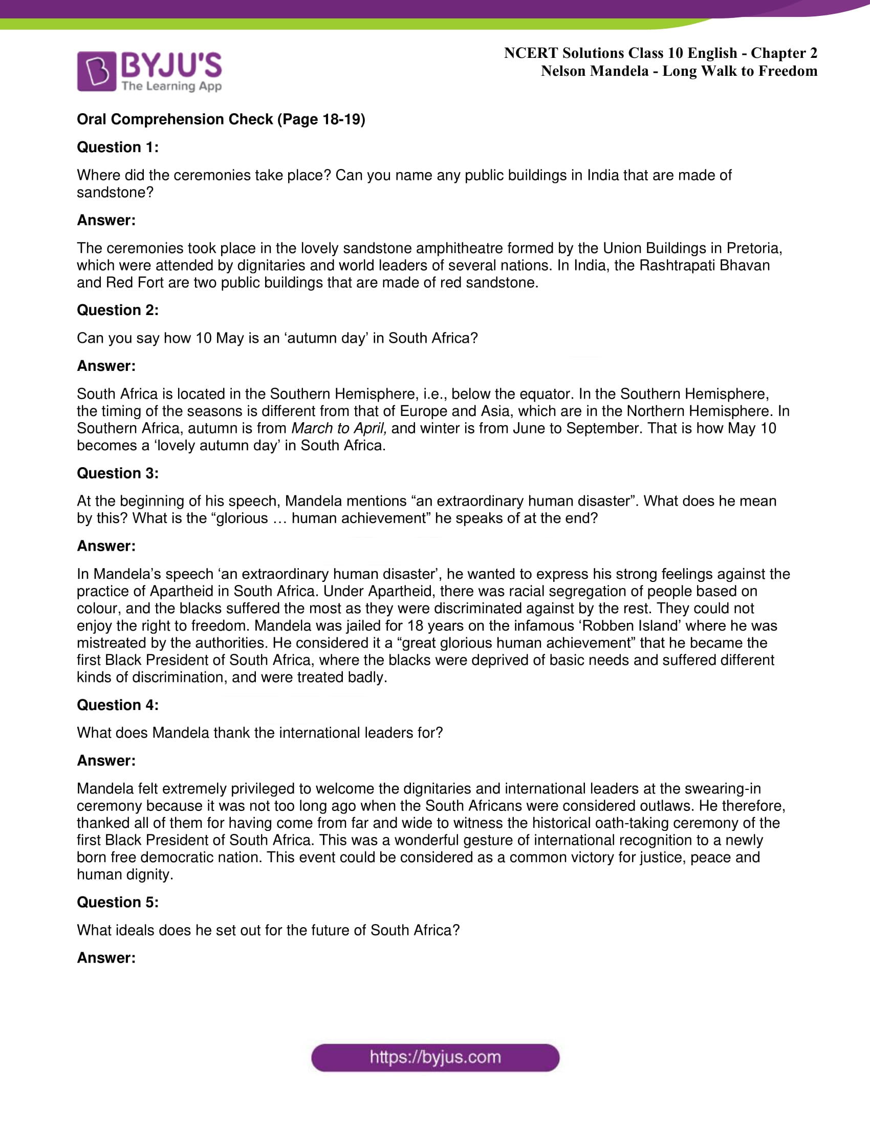 Nelson Mandela Ncert Question Answer Class 10 English Nelson Mandela