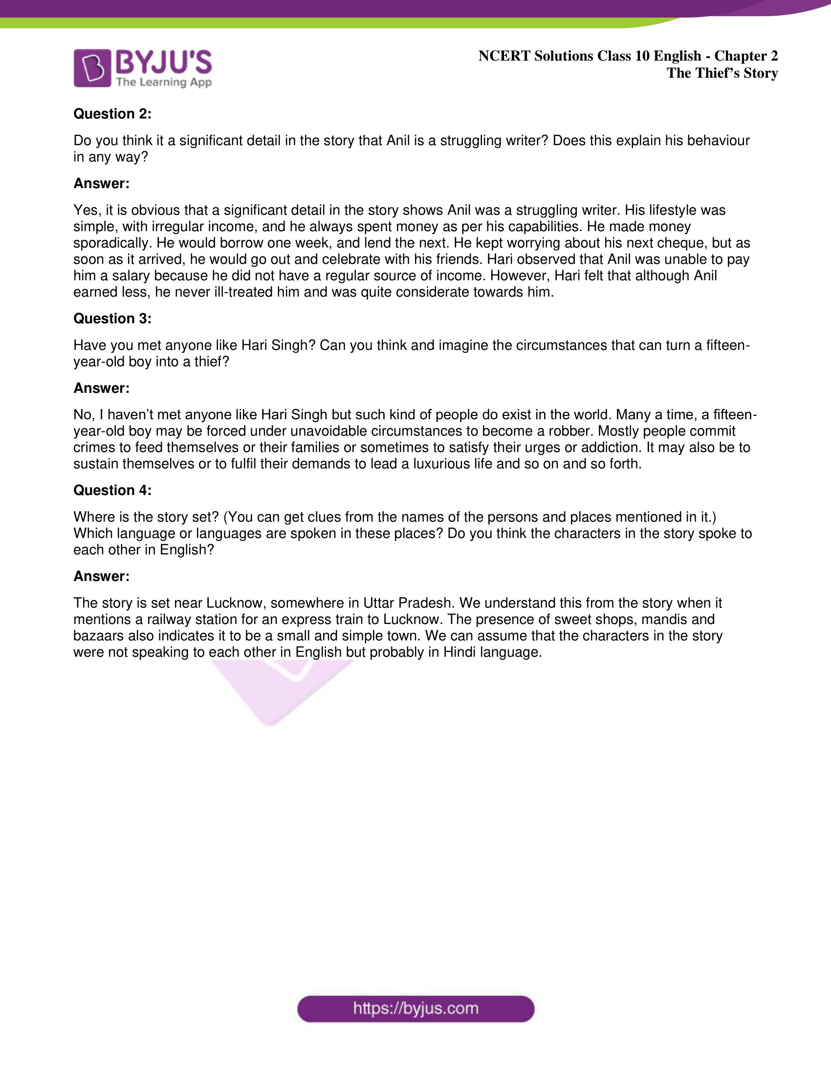 NCERT Solutions For Class 10 English Supplementary Chapter 2 The Thief NCERT Solutions For Class 10 English Supplementary Chapter 2 The Thief