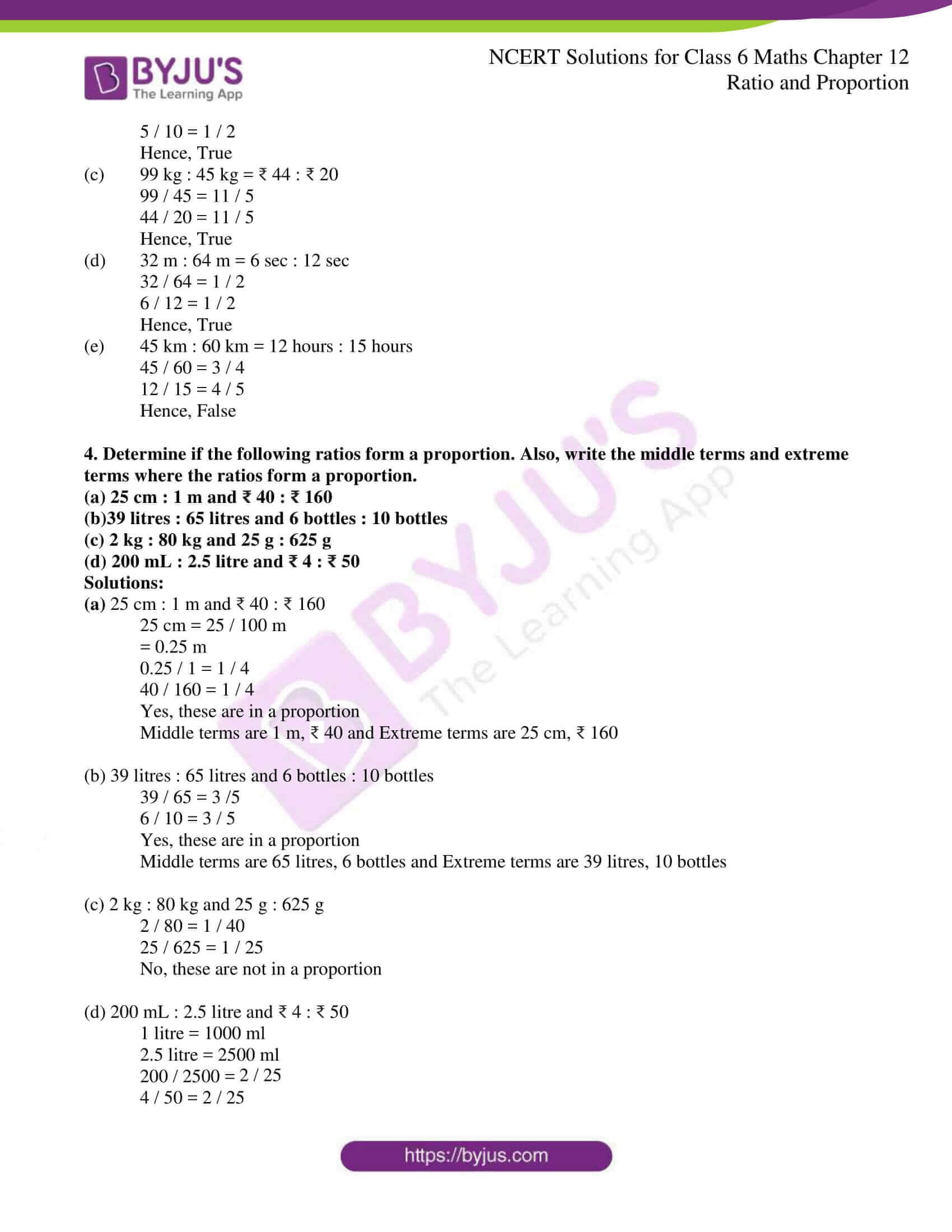NCERT Solutions for Class 6 Maths Chapter 12 : Ratio and Proportion ...