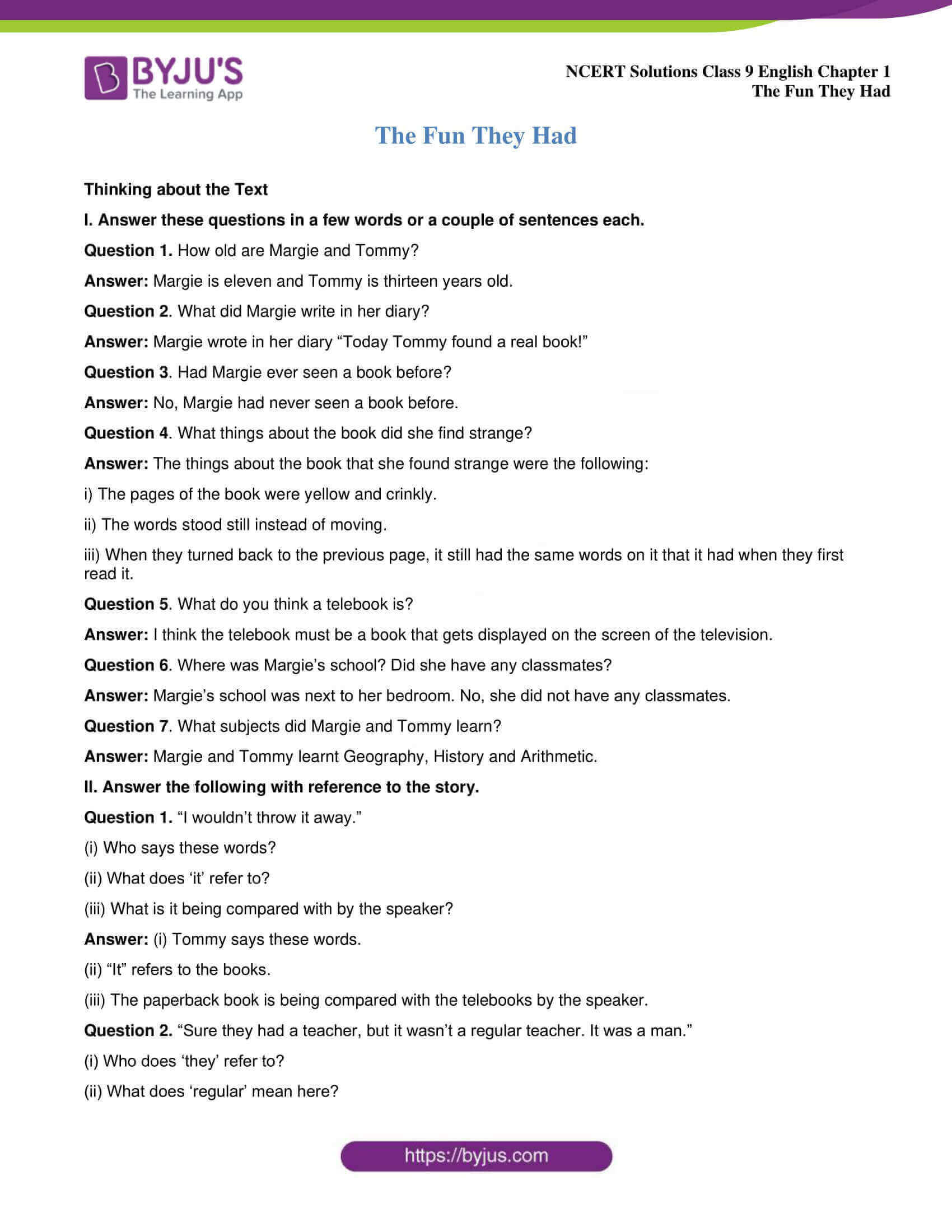 NCERT Solutions For Class 9 English Beehive Chapter 1 The Fun They Had NCERT Solutions For Class 9 English Beehive Chapter 1 The Fun They Had