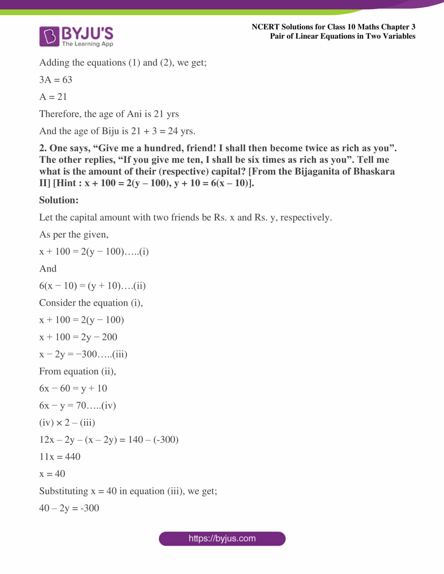 NCERT Solutions for Class 10 Maths Chapter 3 Pair of Linear Equations ...