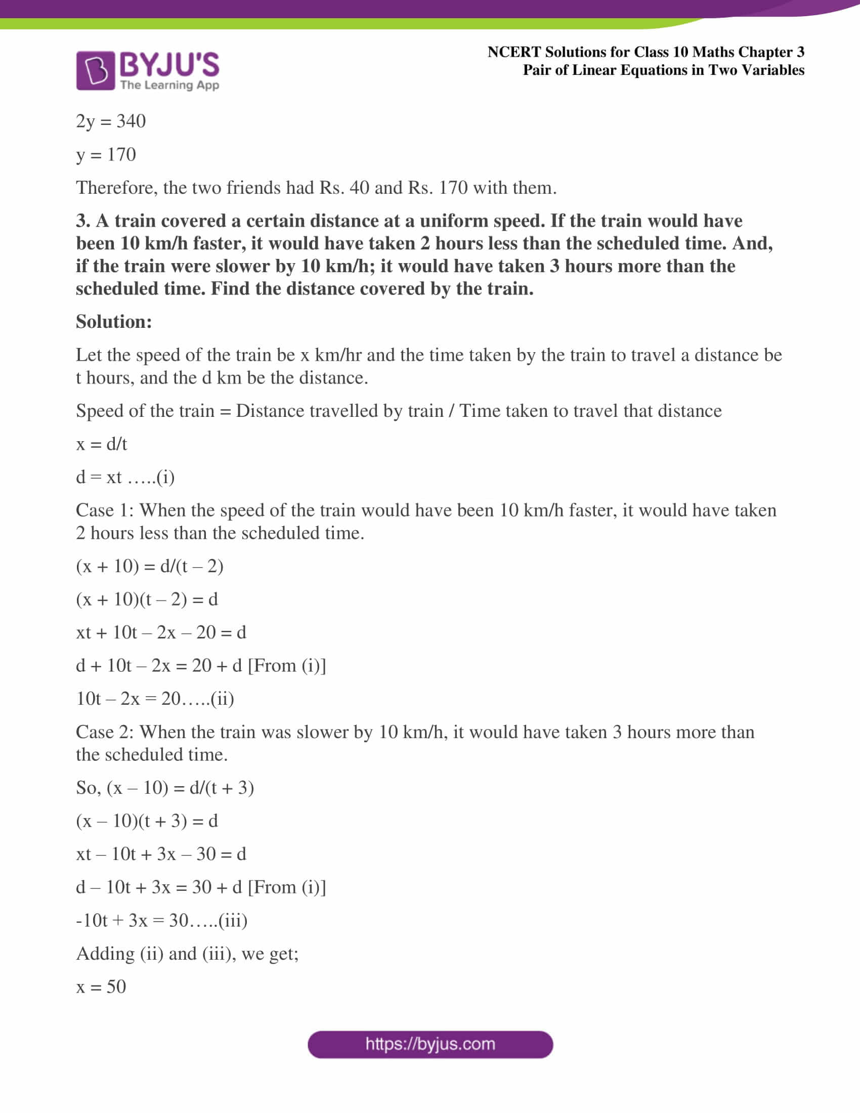 NCERT Solutions for Class 10 Maths Chapter 3 Pair of Linear Equations ...