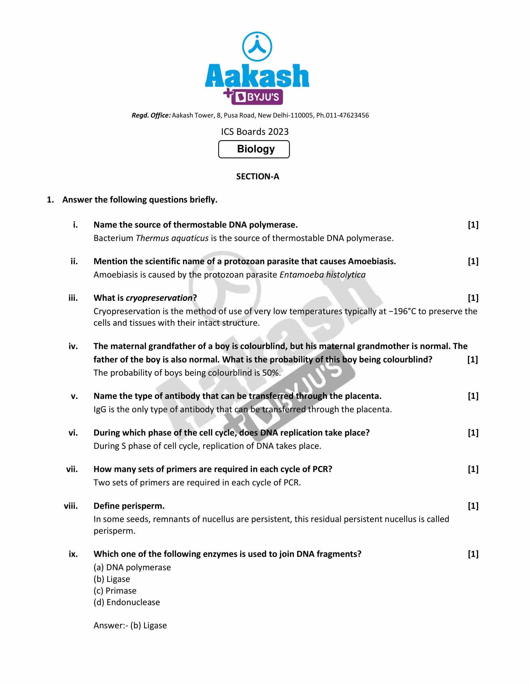 ISC Class 12 Biology Question Paper Solution 2023 Download PDF ISC Class 12 Biology Question Paper Solution 2023 Download PDF