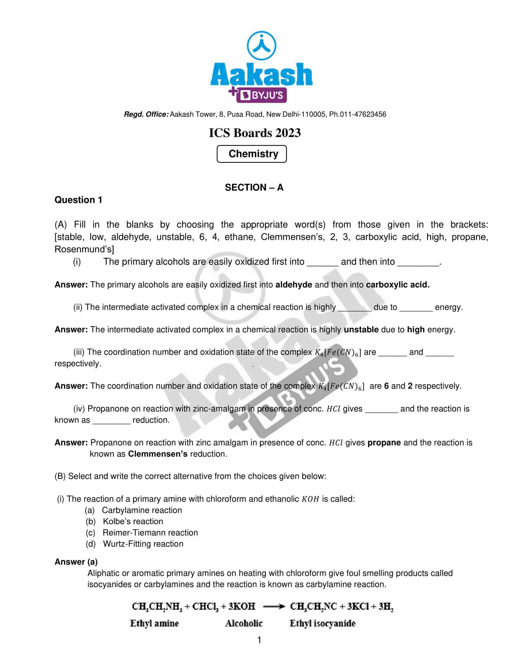 ISC Class 12 Chemistry Question Paper Solution 2023 Download PDF ISC Class 12 Chemistry Question Paper Solution 2023 Download PDF