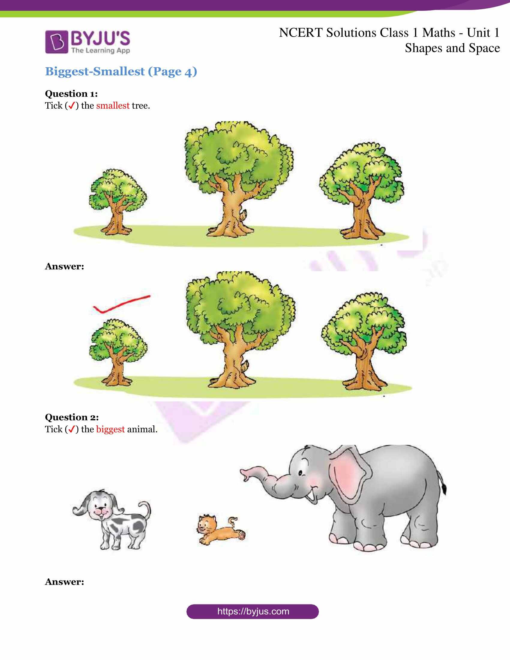 NCERT Solutions for Class 1 Maths Chapter 1 Shapes and Space PDF