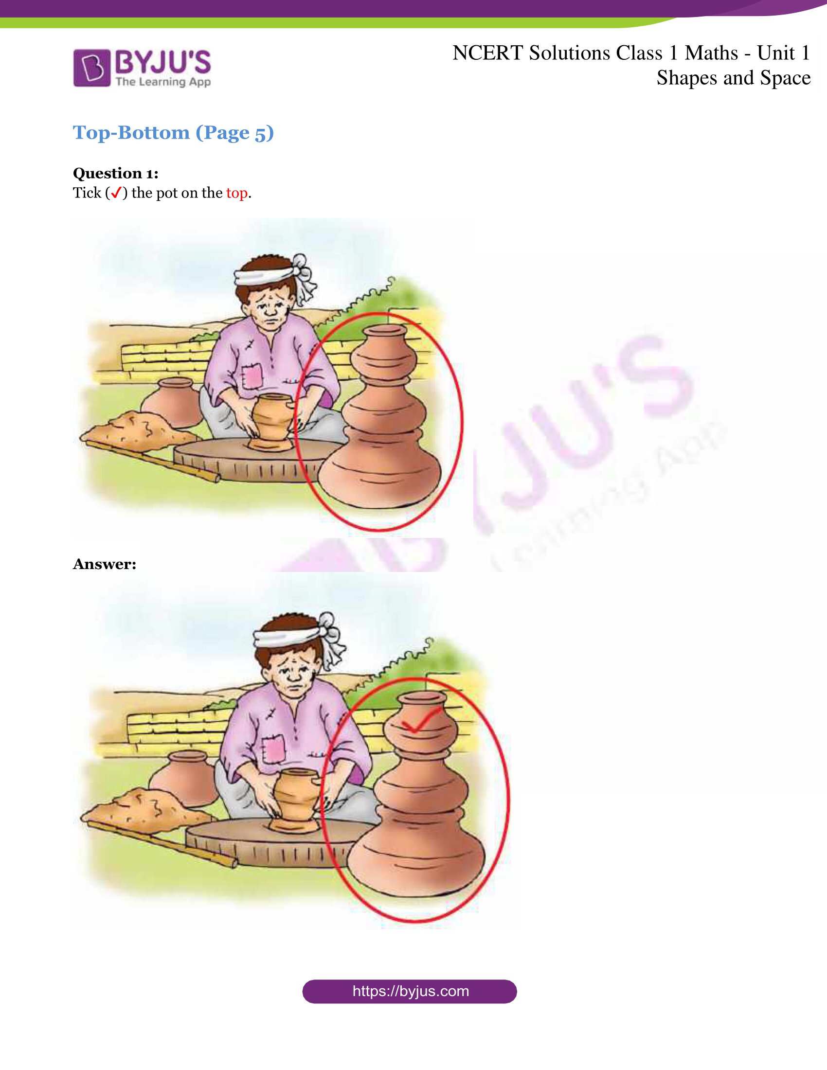 NCERT Solutions for Class 1 Maths Chapter 1 Shapes and Space PDF