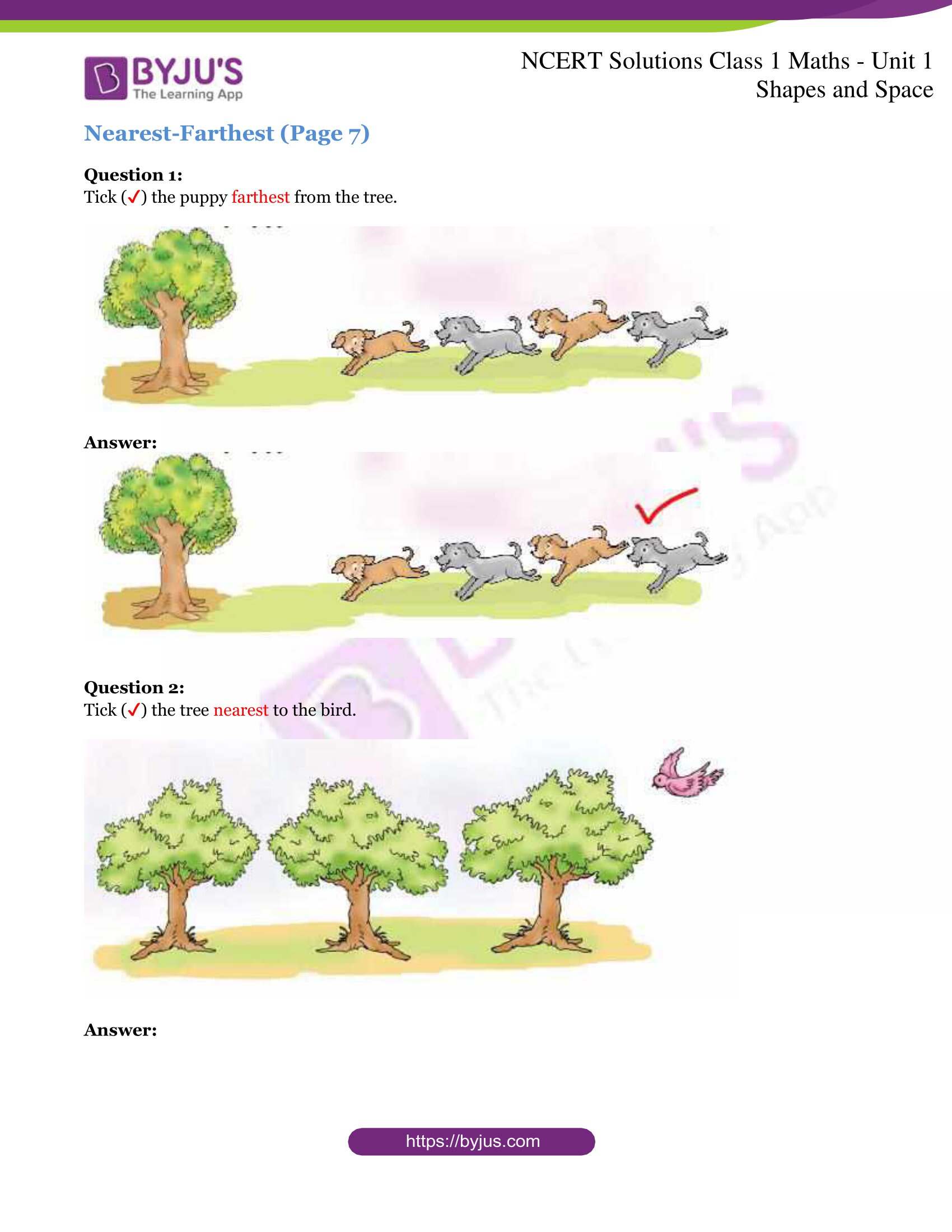 NCERT Solutions for Class 1 Maths Chapter 1 Shapes and Space PDF