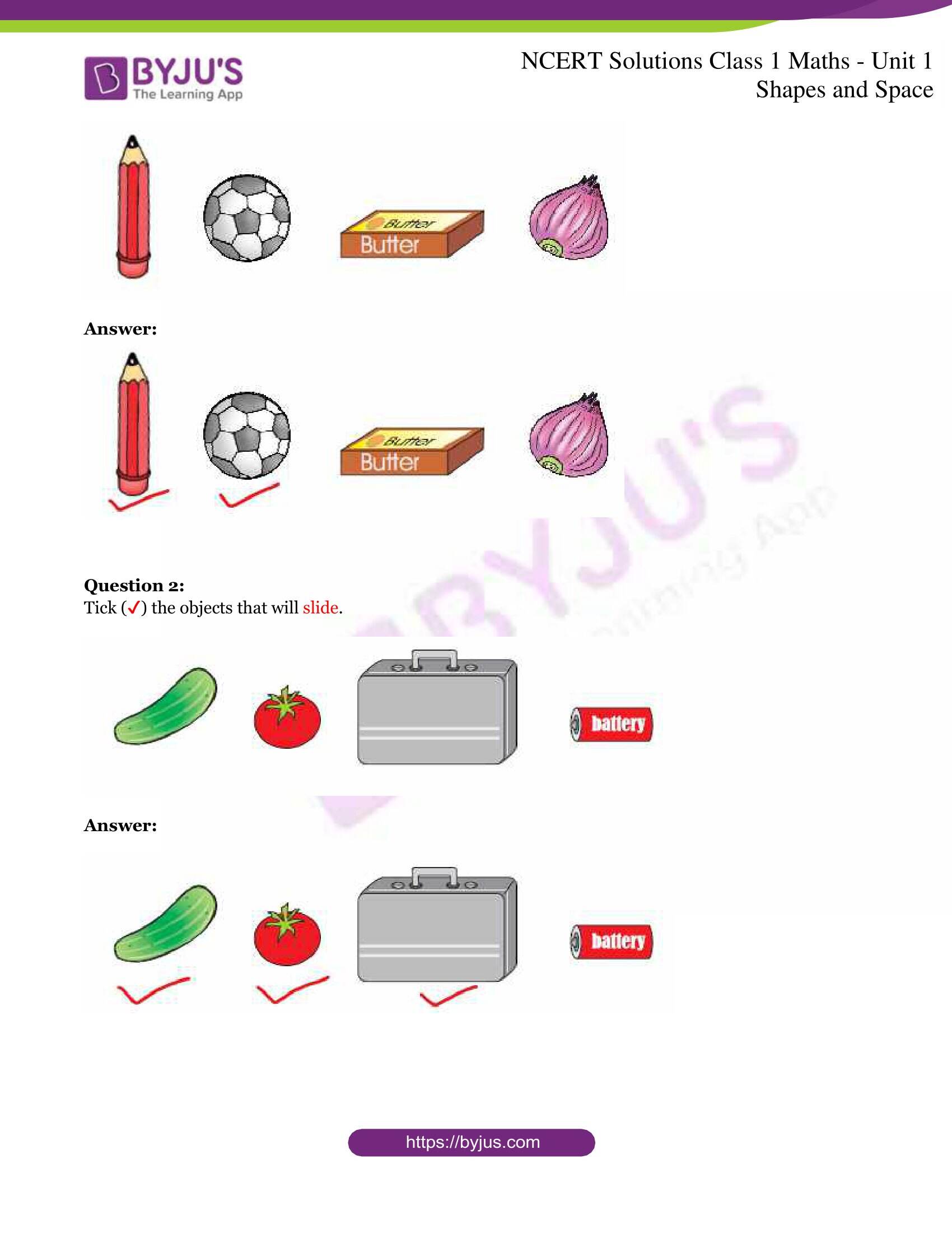 NCERT Solutions for Class 1 Maths Chapter 1 Shapes and Space PDF