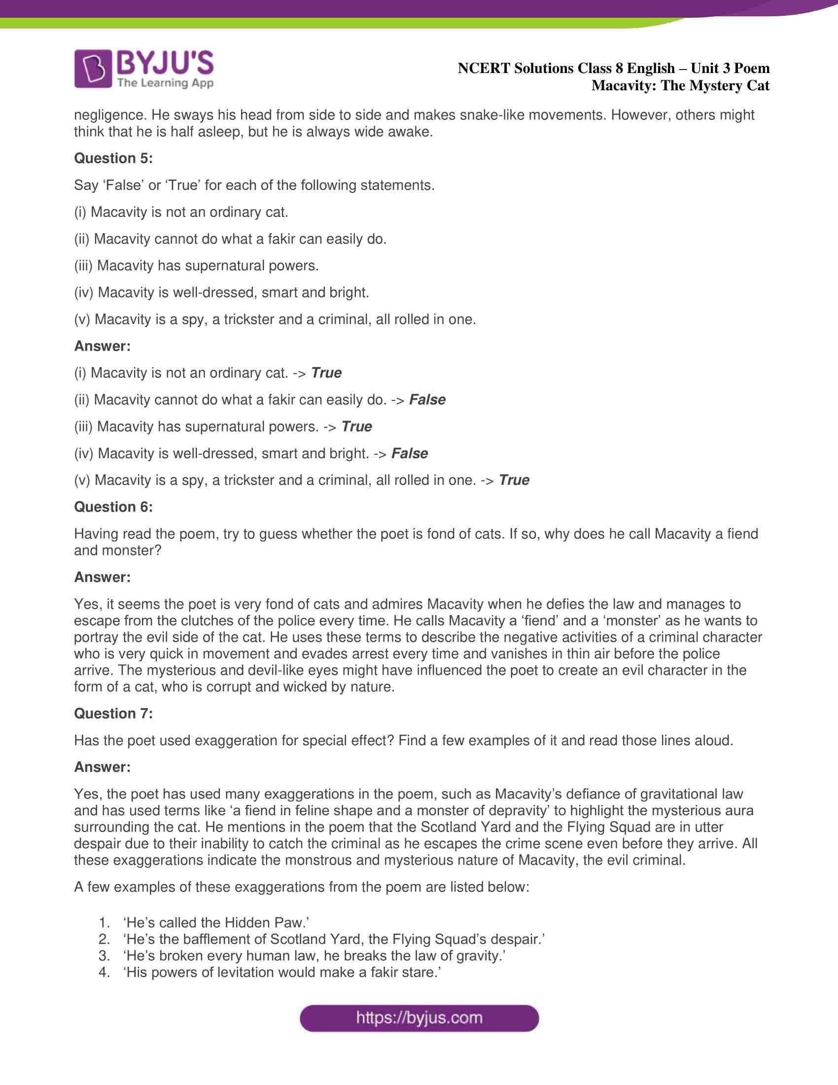 NCERT Solutions For Class 8 English Unit 3 Poem Macavity The Mystery 