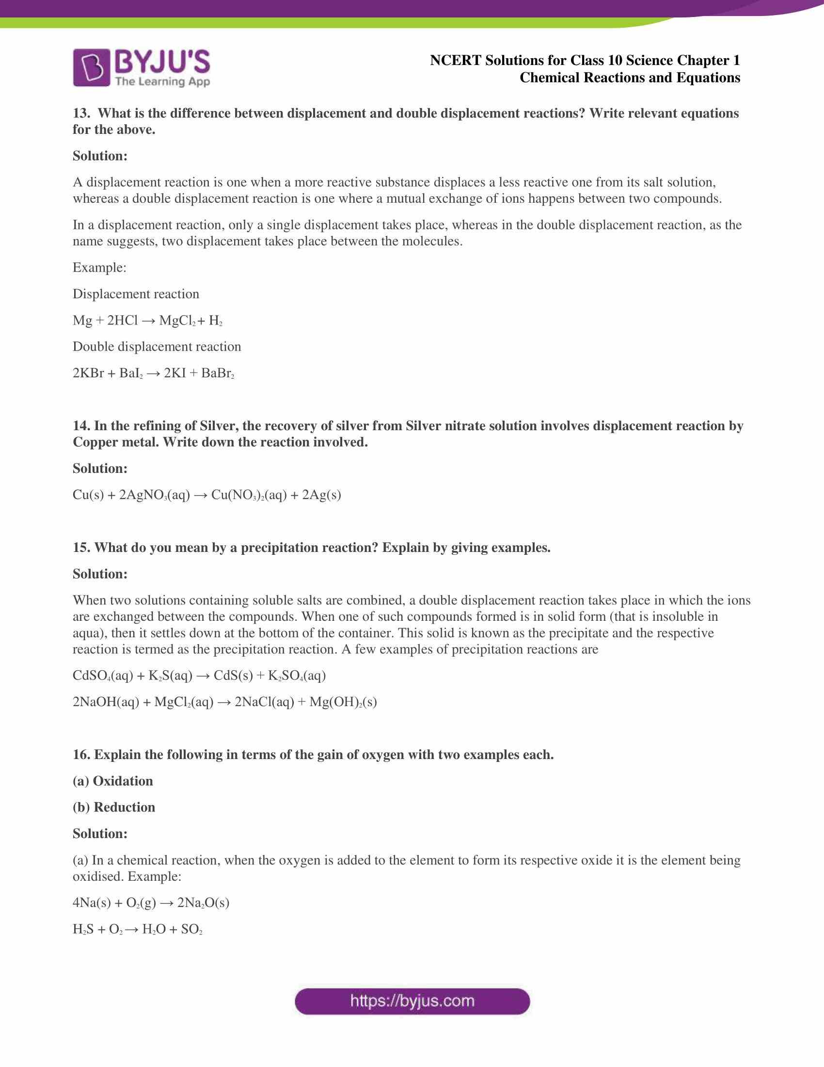 NCERT Solutions For Class 10 Science Chapter 1 Chemical Reactions And