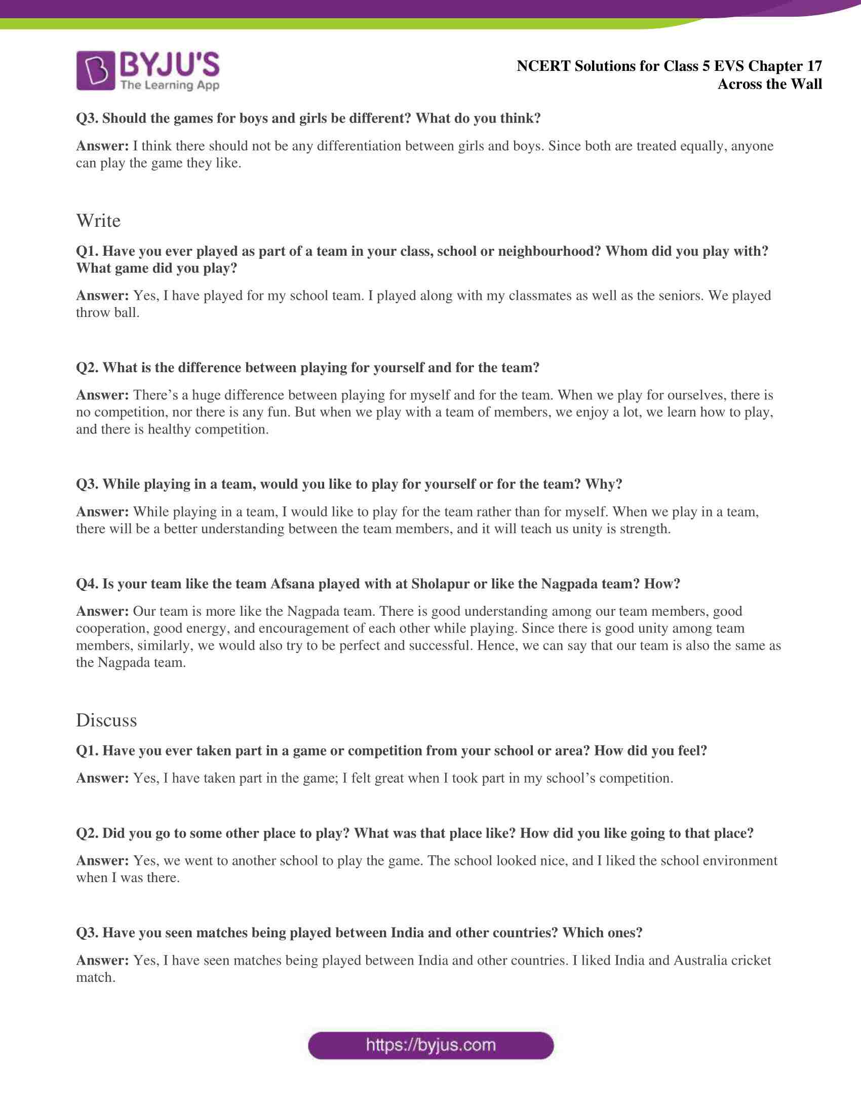 NCERT Solutions Class 5 EVS Chapter 17 Across The Wall Download Free PDF
