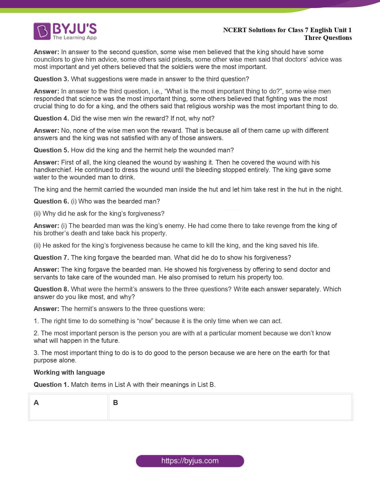 NCERT Solutions For Class 7 English Unit 1 Three Questions Download NCERT Solutions For Class 7 English Unit 1 Three Questions Download