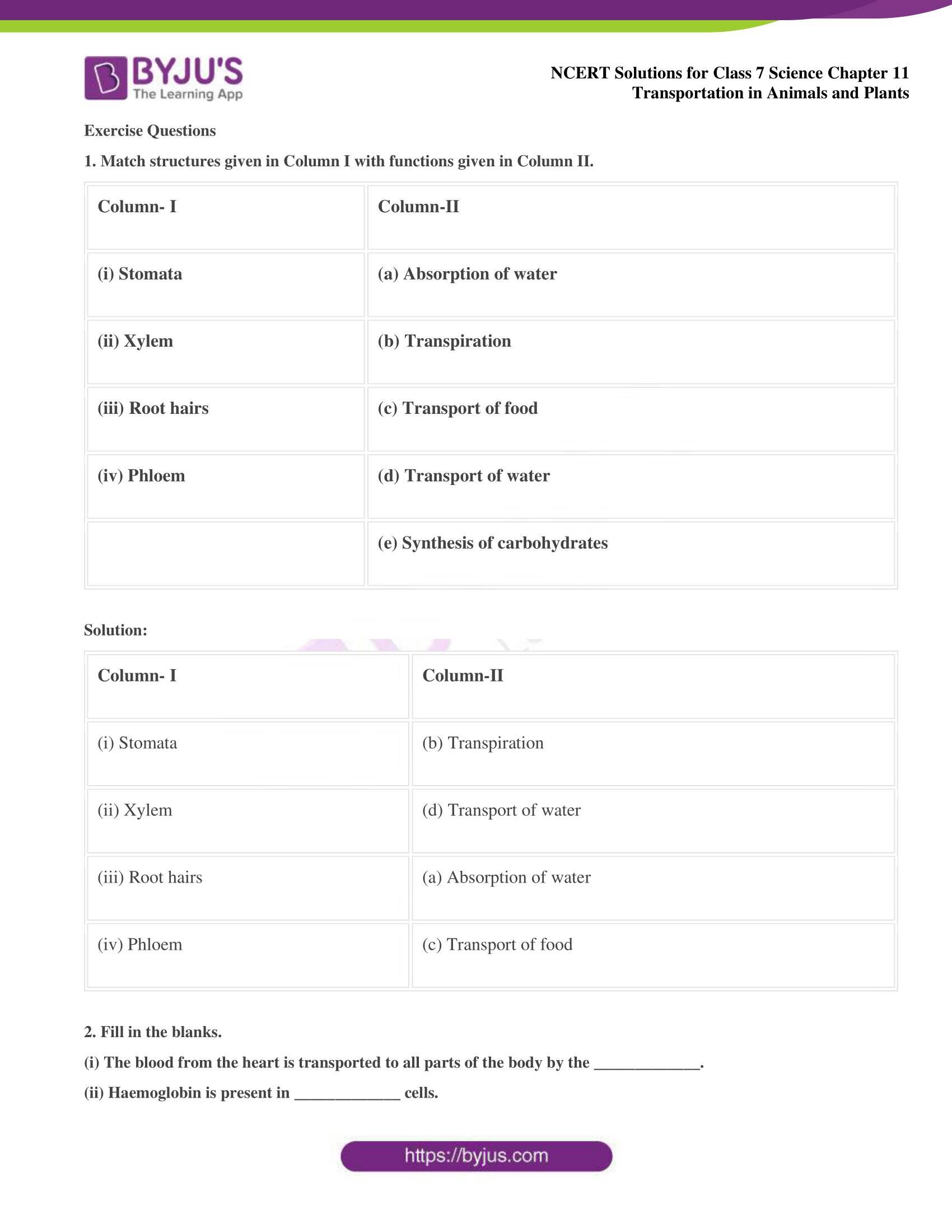 NCERT Solutions For Class 7 Science Chapter 11 Transportation In