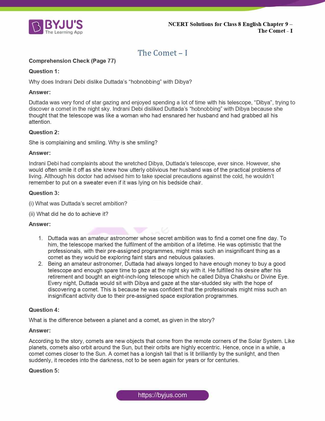 NCERT Solutions for Class 8 English Chapter 9 - The Comet - I | Free ...