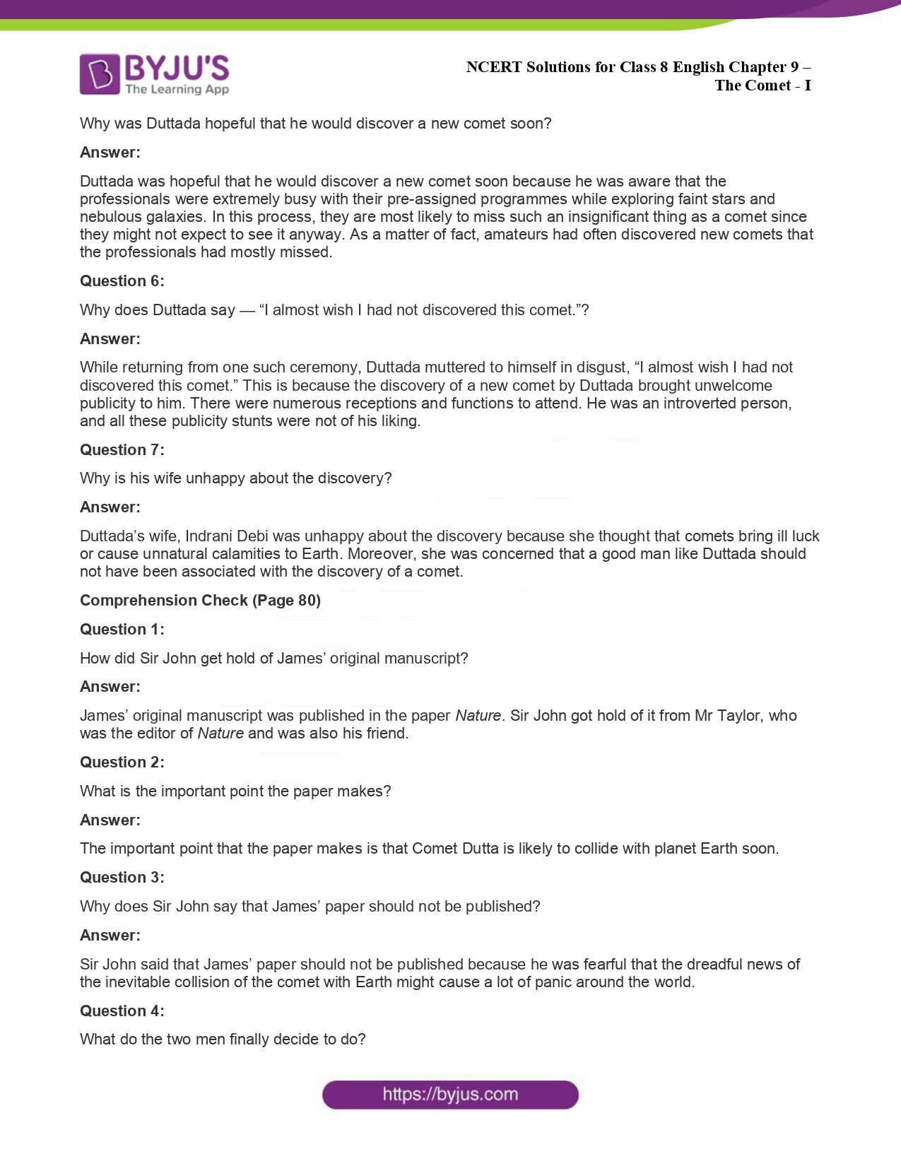 NCERT Solutions for Class 8 English Chapter 9 - The Comet - I | Free ...