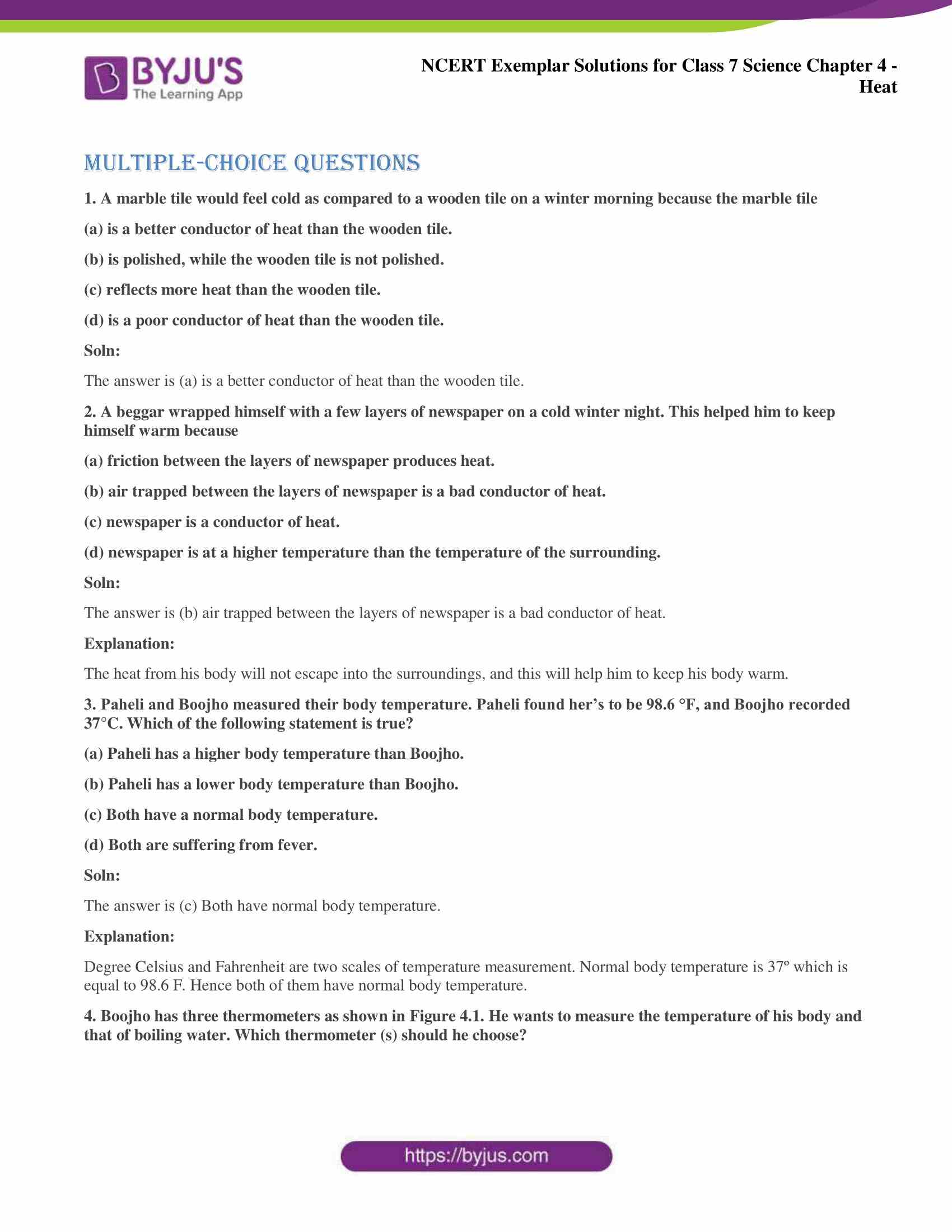 NCERT Exemplar Solutions For Class 7 Science Chapter 4 Heat