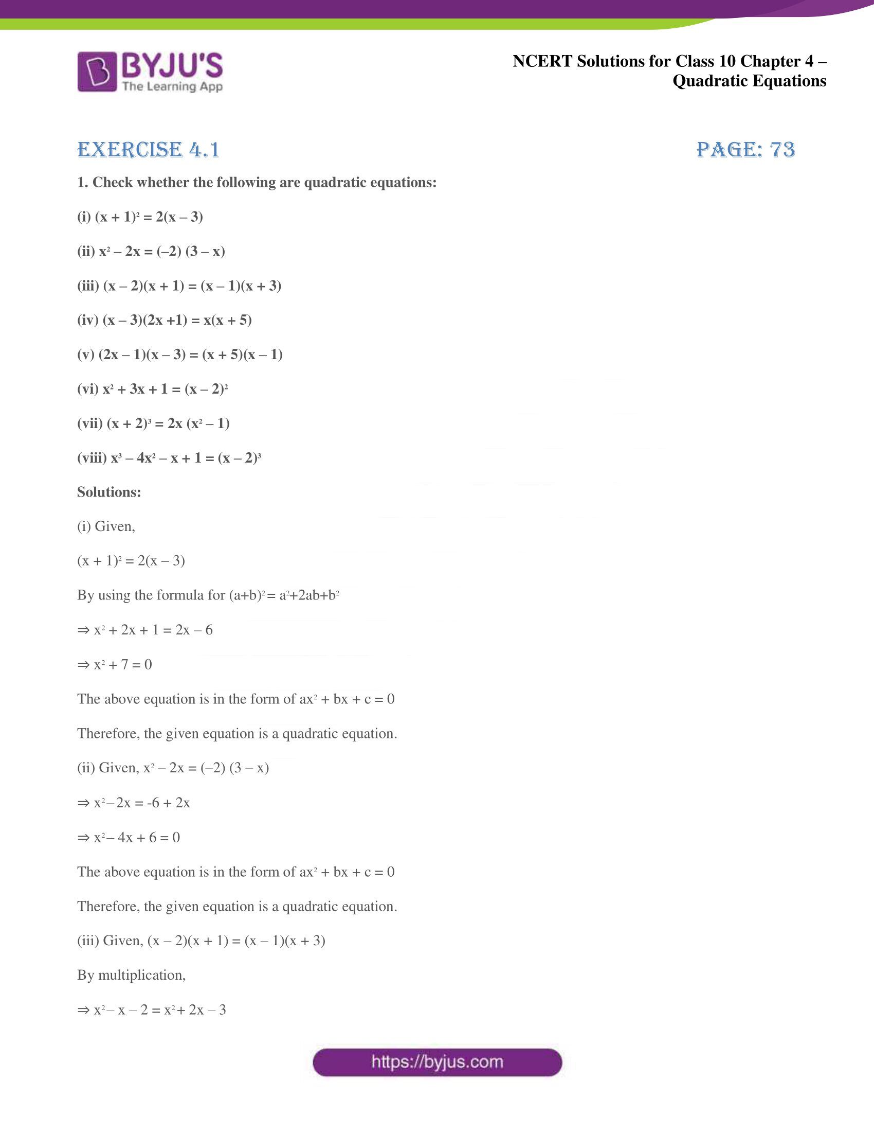 NCERT Solutions Class 10 Maths Chapter 4 Quadratic Equations