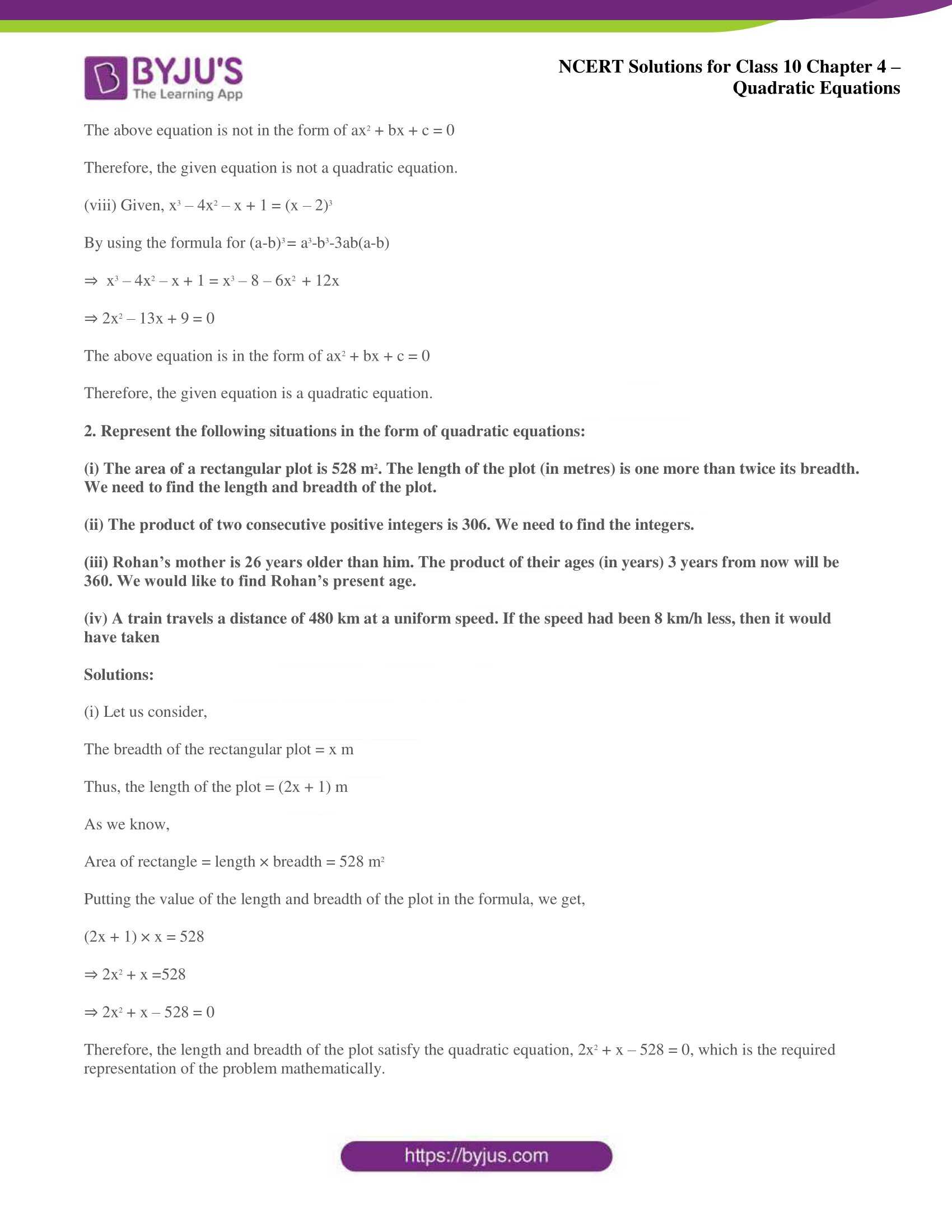 NCERT Solutions Class 10 Maths Chapter 4 Quadratic Equations