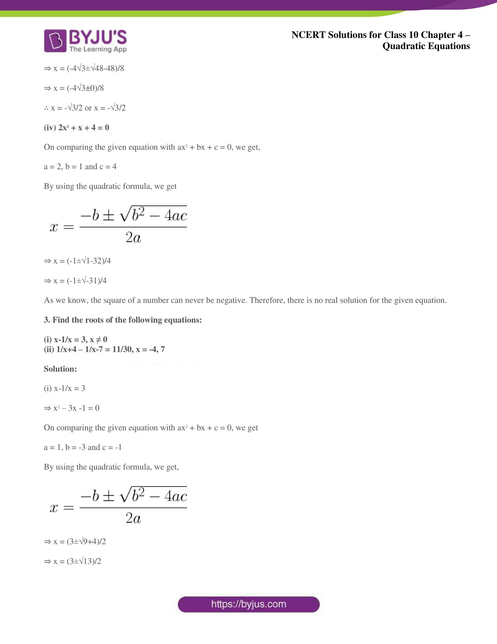 NCERT Solutions Class 10 Maths Chapter 4 Quadratic Equations