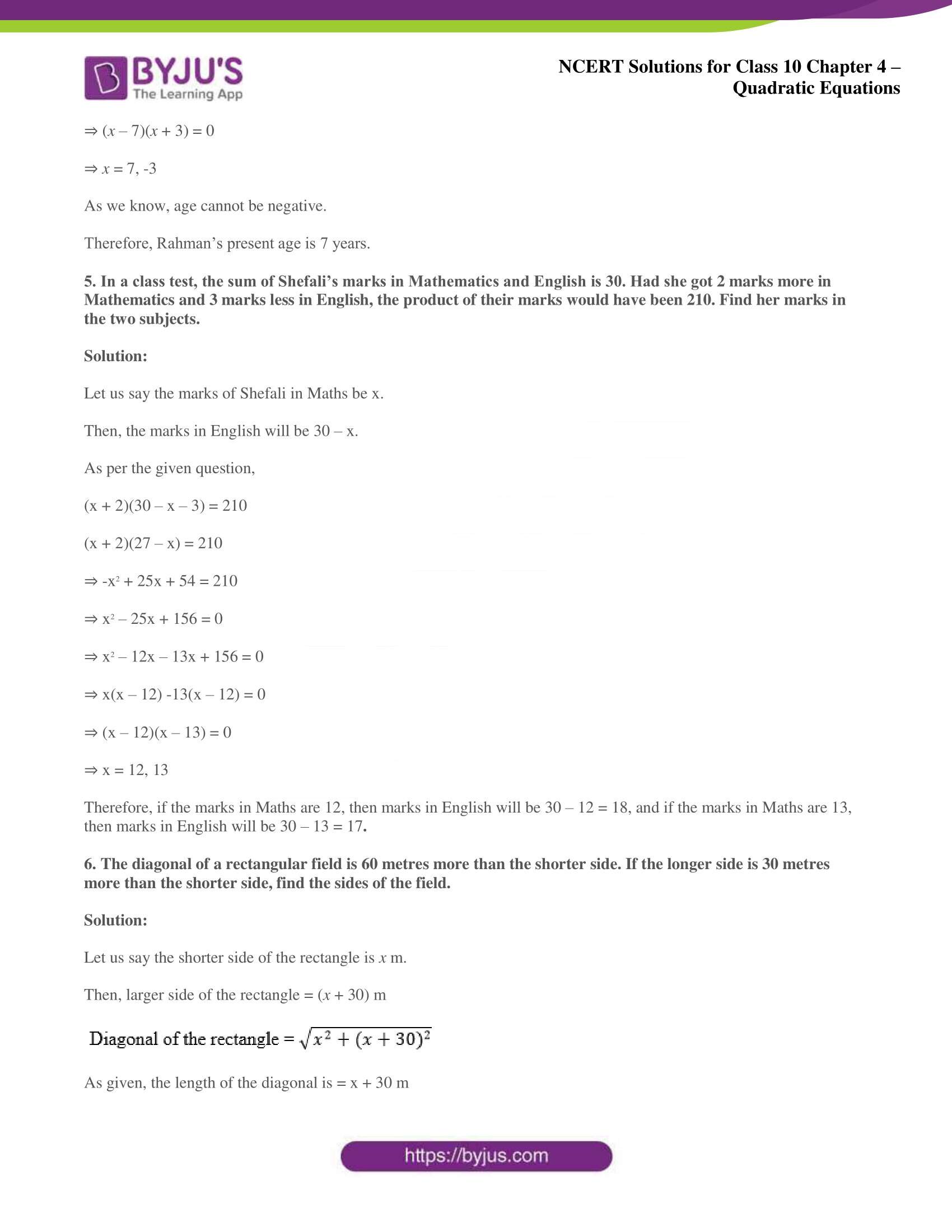 NCERT Solutions Class 10 Maths Chapter 4 Quadratic Equations