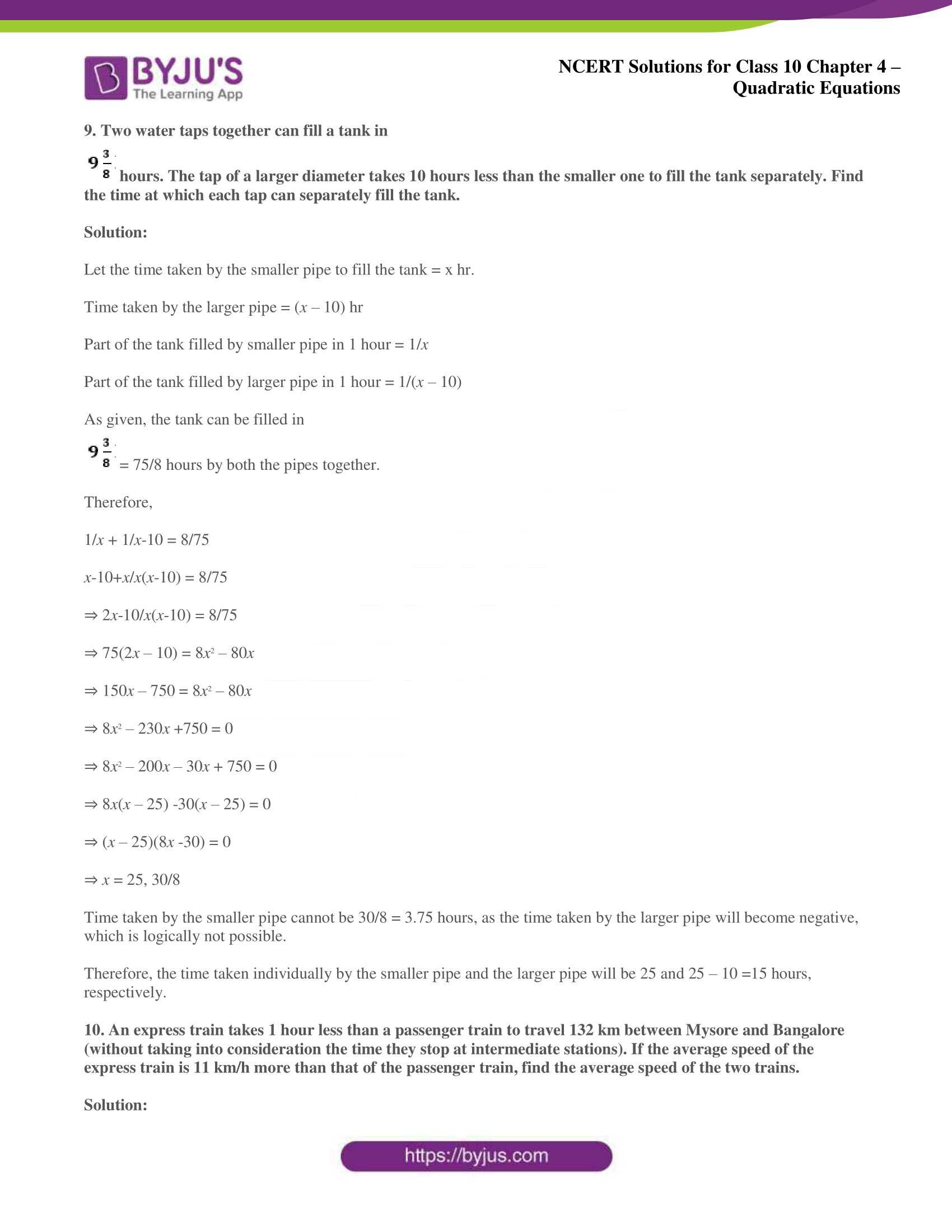 NCERT Solutions Class 10 Maths Chapter 4 Quadratic Equations