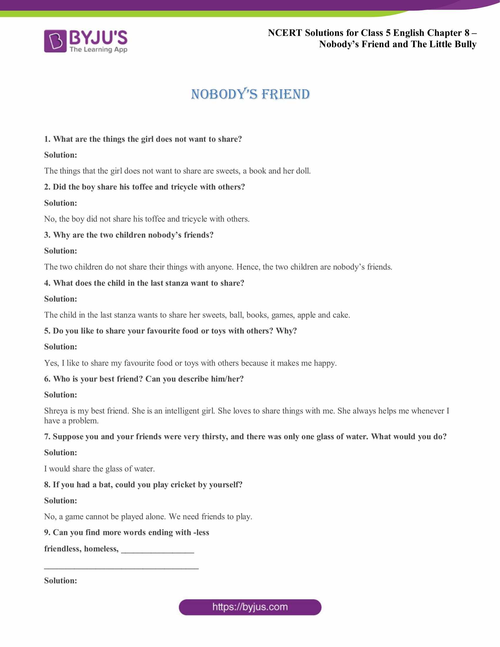 NCERT Solutions For Class 5 English Chapter 8 Nobody s Friend And The