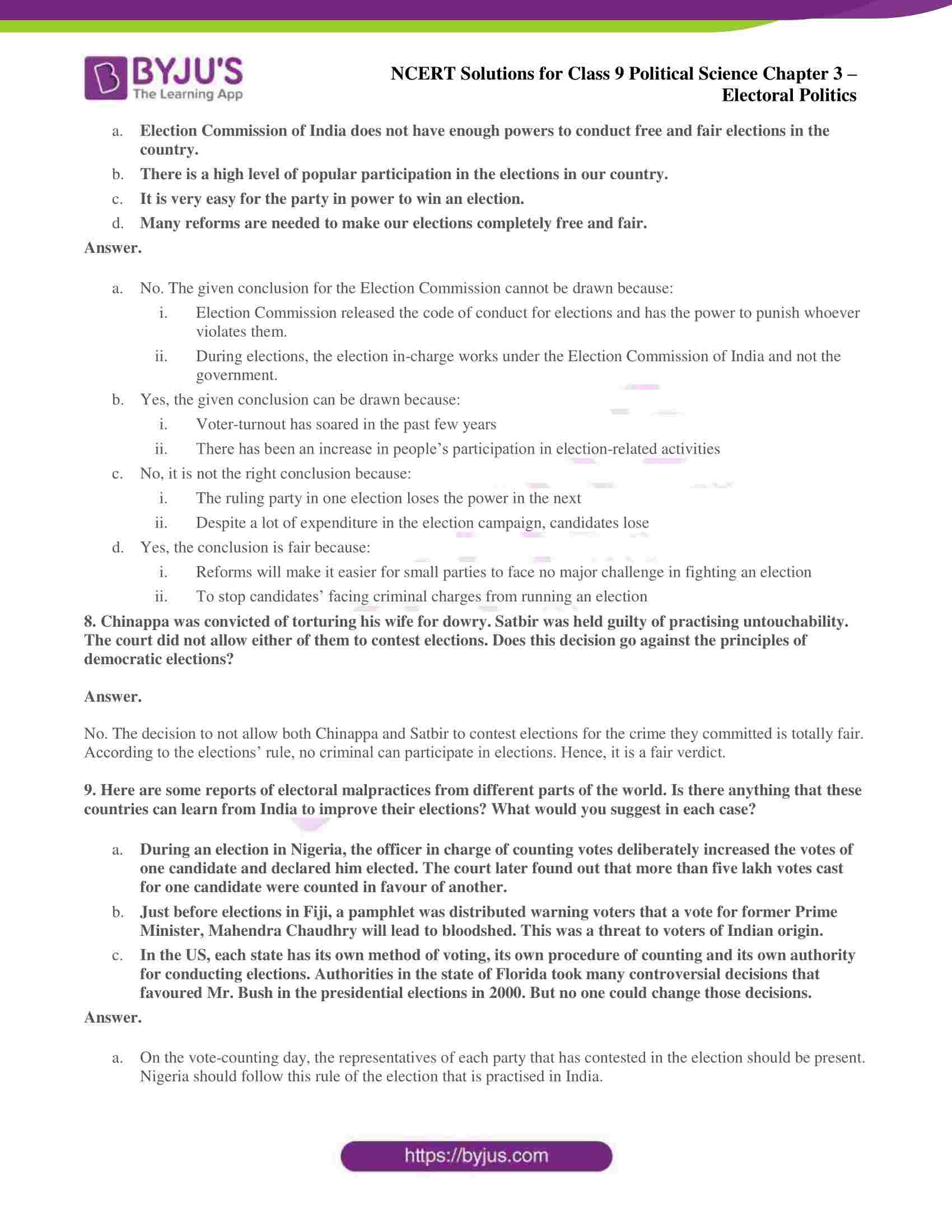 NCERT Solutions For Class 9 Civics Social Science Chapter 3 Electoral