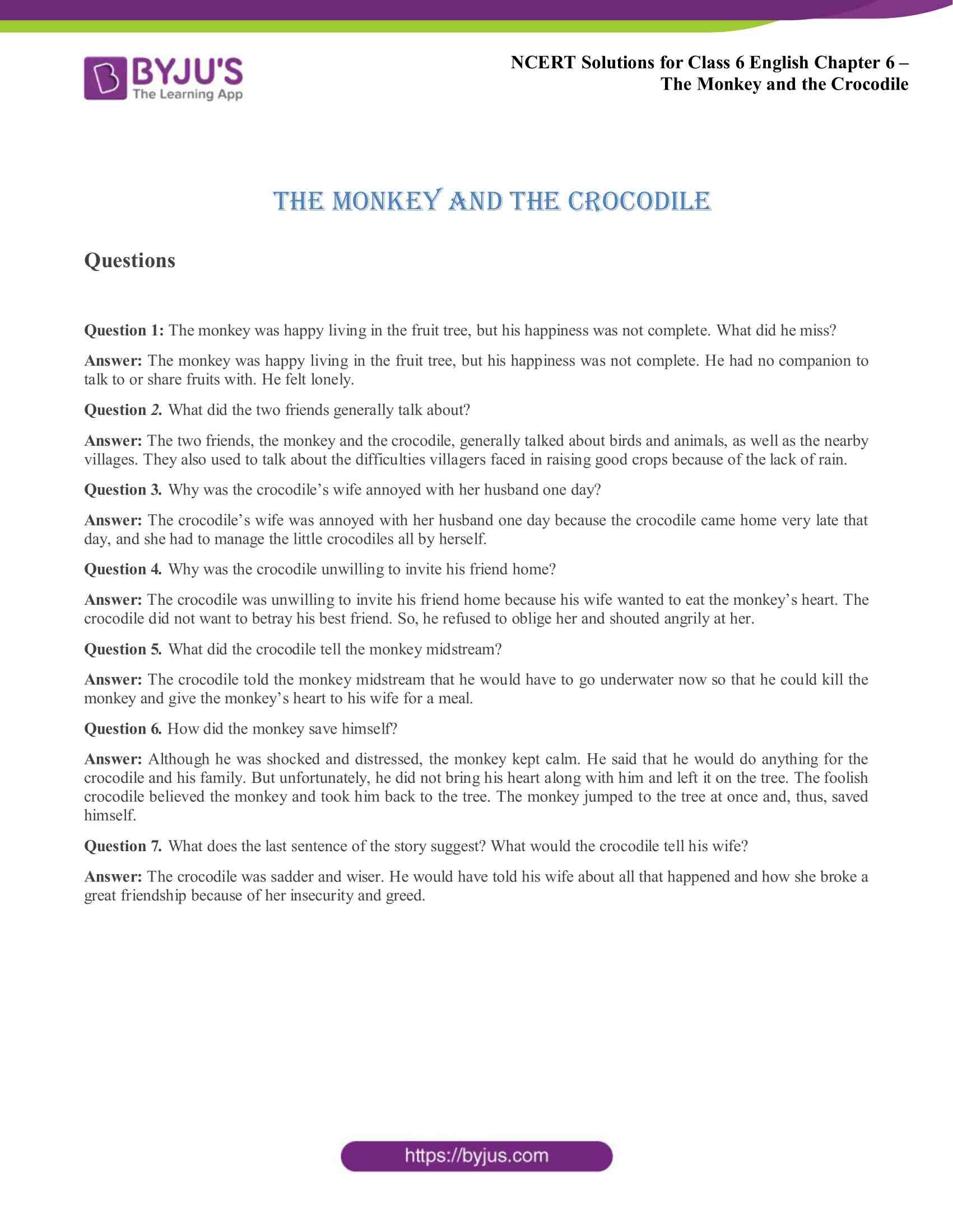 NCERT Solutions For Class 6 English Chapter 6 The Monkey And The Crocodile