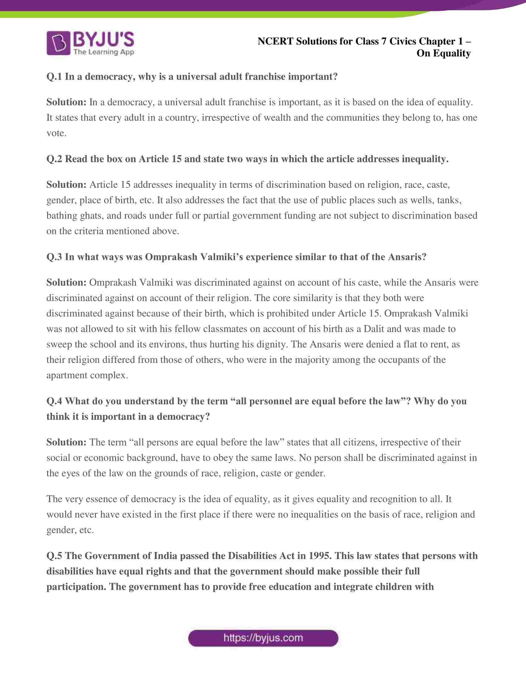 NCERT Solutions For Class 7 Civics Social Science Chapter 1 On Equality